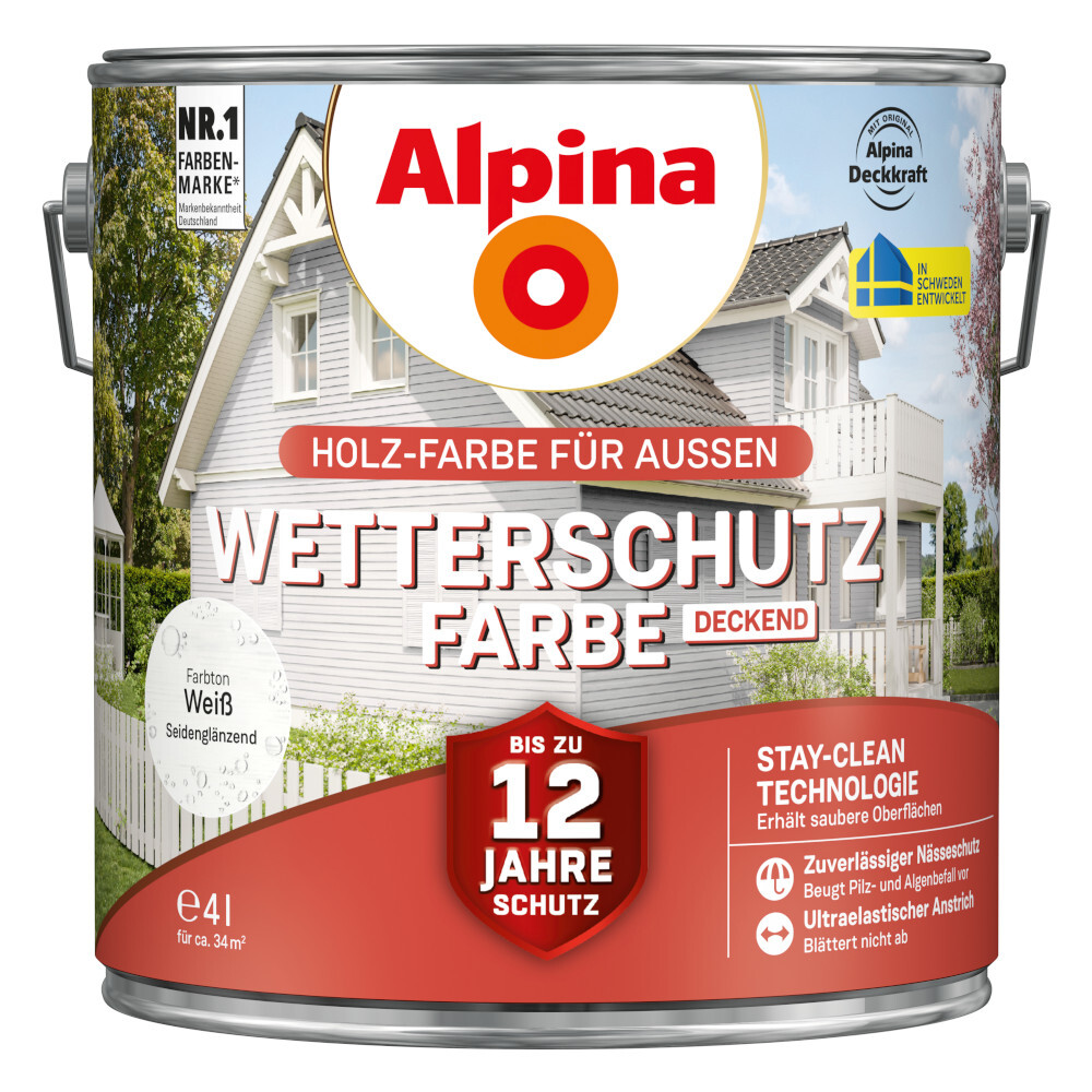 Alpina Wetterschutzfarbe Weiß deckend 4 Liter | Sonderpreis Baumarkt